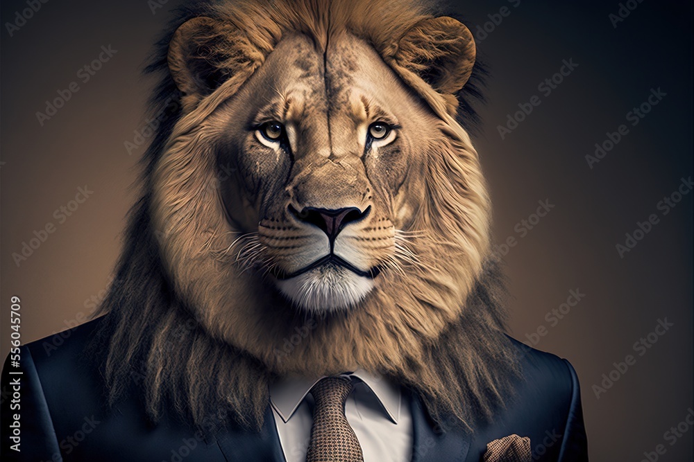 a lion wearing a suit and tie with a suit on it's chest and a tie on ...