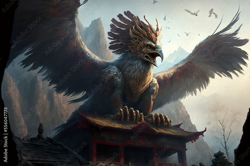 Chinese mythology,gigantic eagle with Antler on head. Generative AI ...