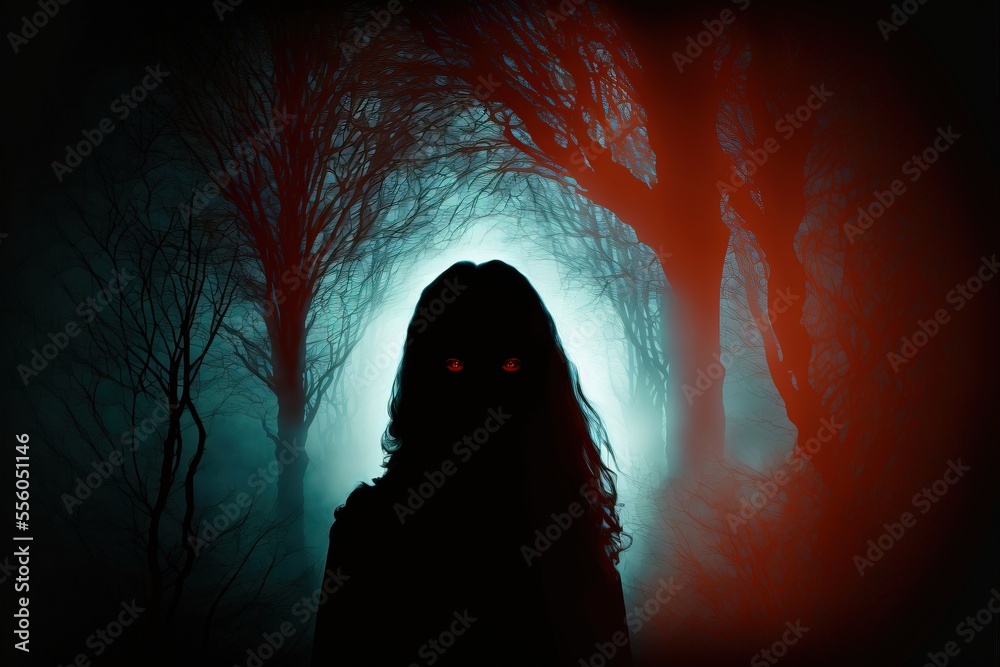 Scary evil spirit with glowing red eyes haunts the foggy woods at ...