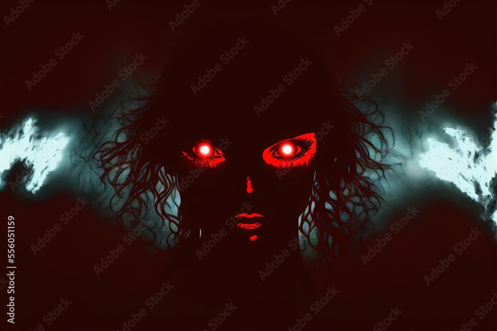 Scary evil spirit with glowing red eyes haunts the foggy woods at ...