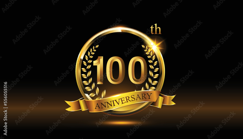 100th anniversary logo with golden ring, confetti and Gold ribbon ...