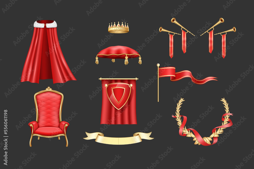 3D king insignia. Royal crown on pillow. Medieval flag. Royalty chair ...