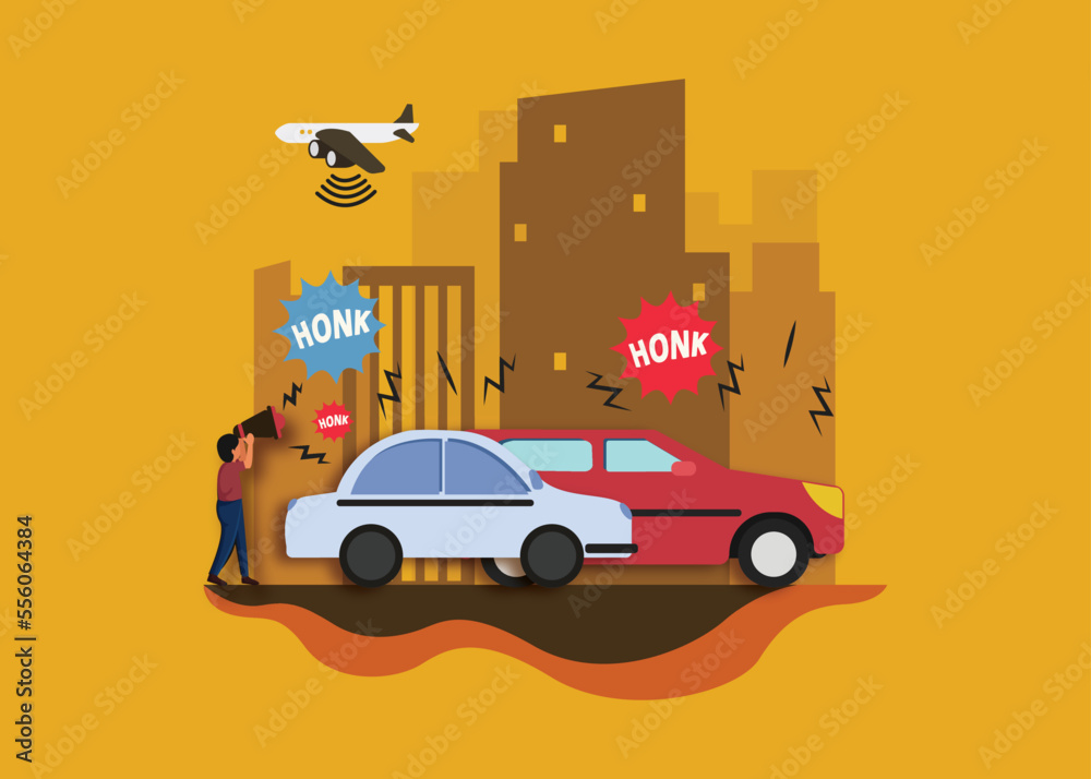 Flat illustration of noise pollution by vehicles Stock Vector | Adobe Stock