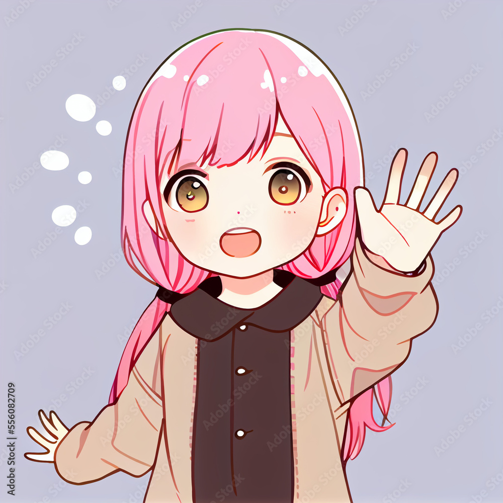 Anime girl saying hi and waving hand to greet person with smile face ...