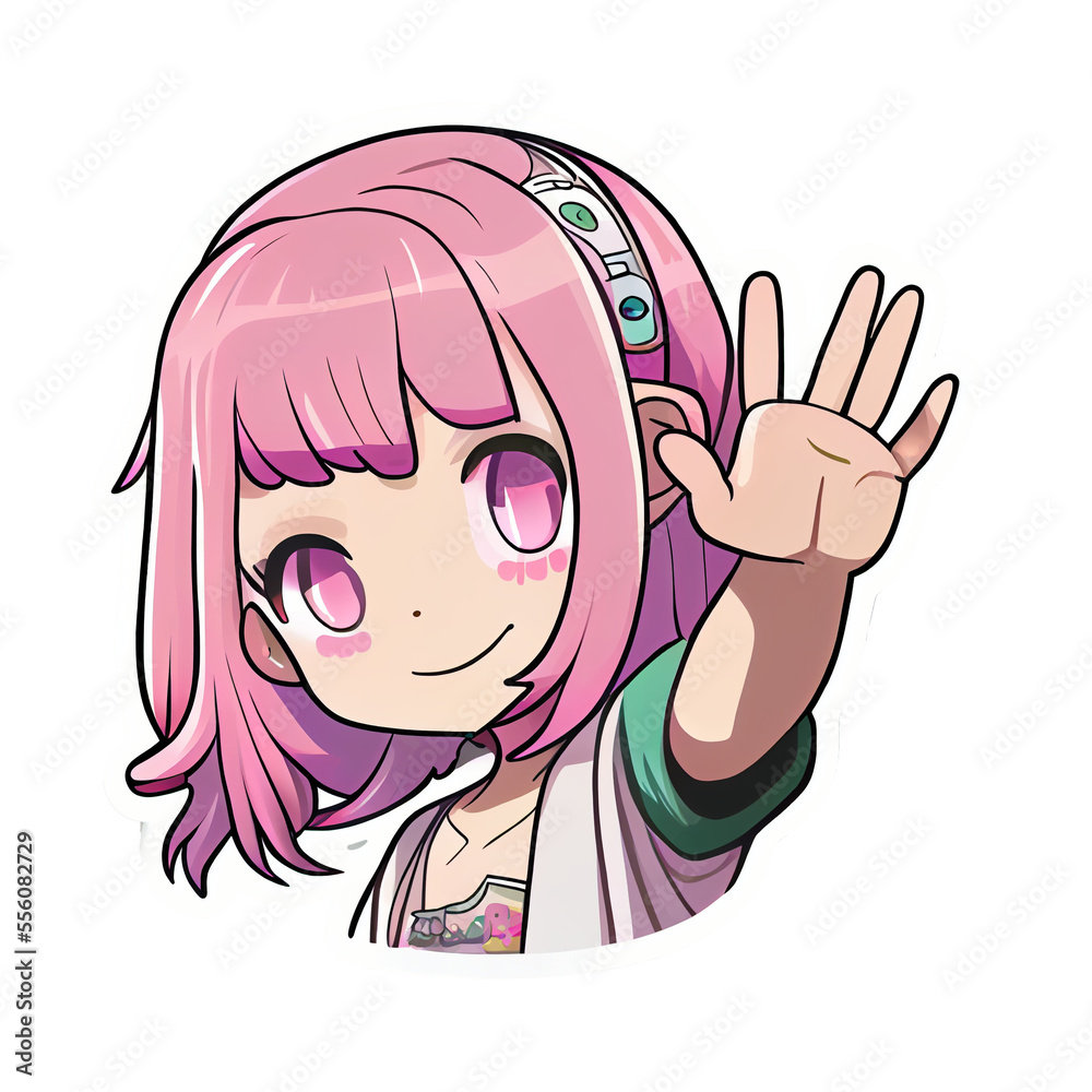 Anime girl saying hi and waving hand to greet person with smile face ...