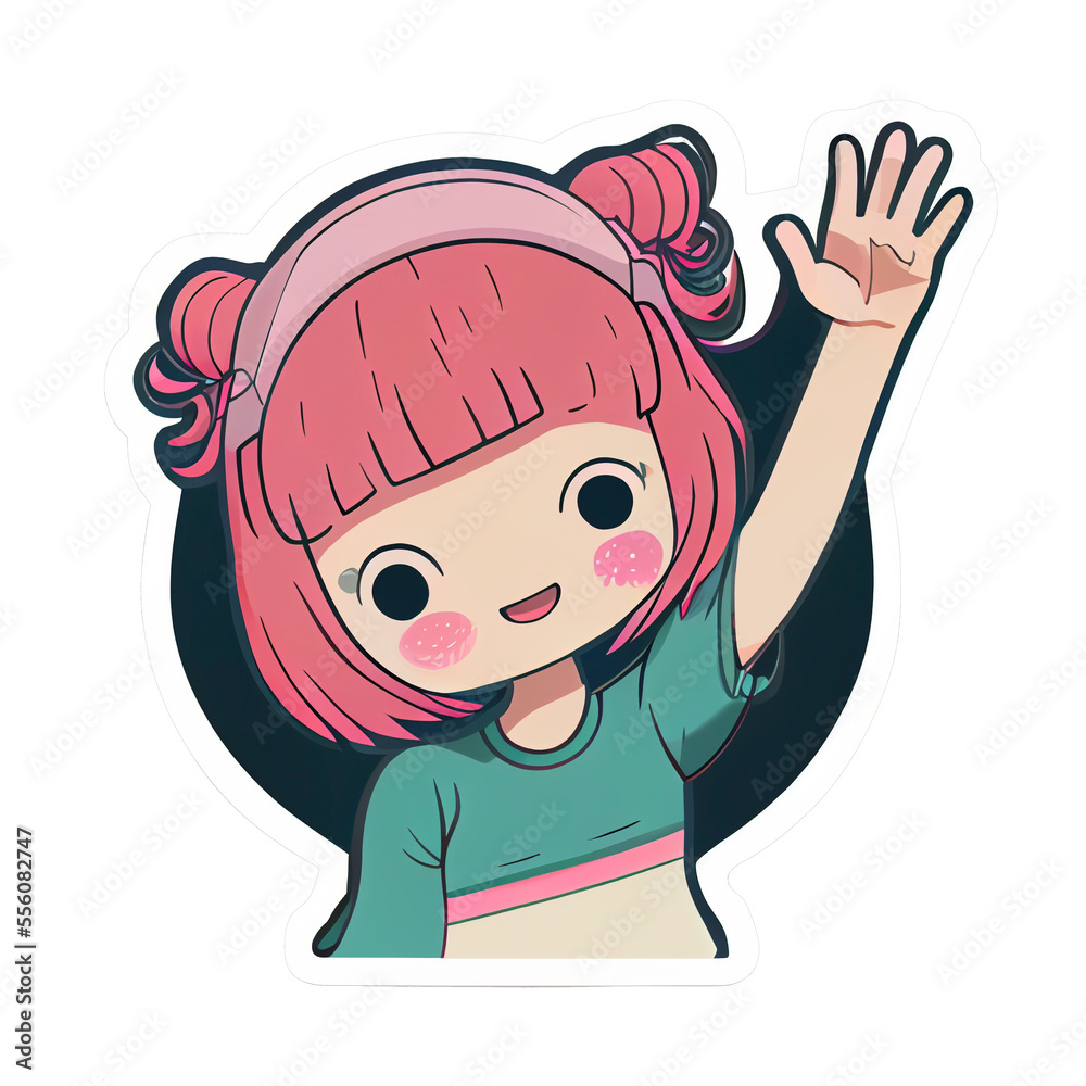 Anime girl saying hi and waving hand to greet person with smile face ...