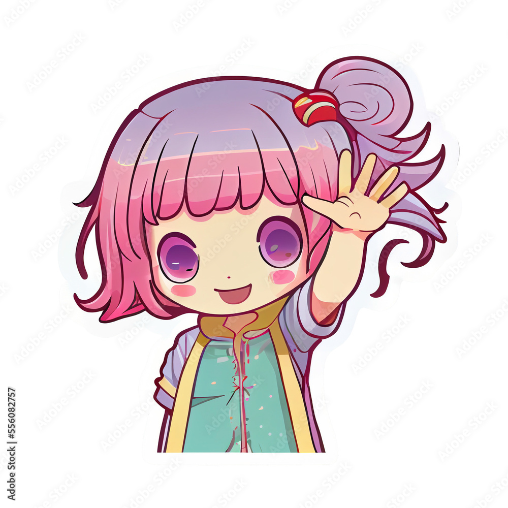 Anime girl saying hi and waving hand to greet person with smile face ...