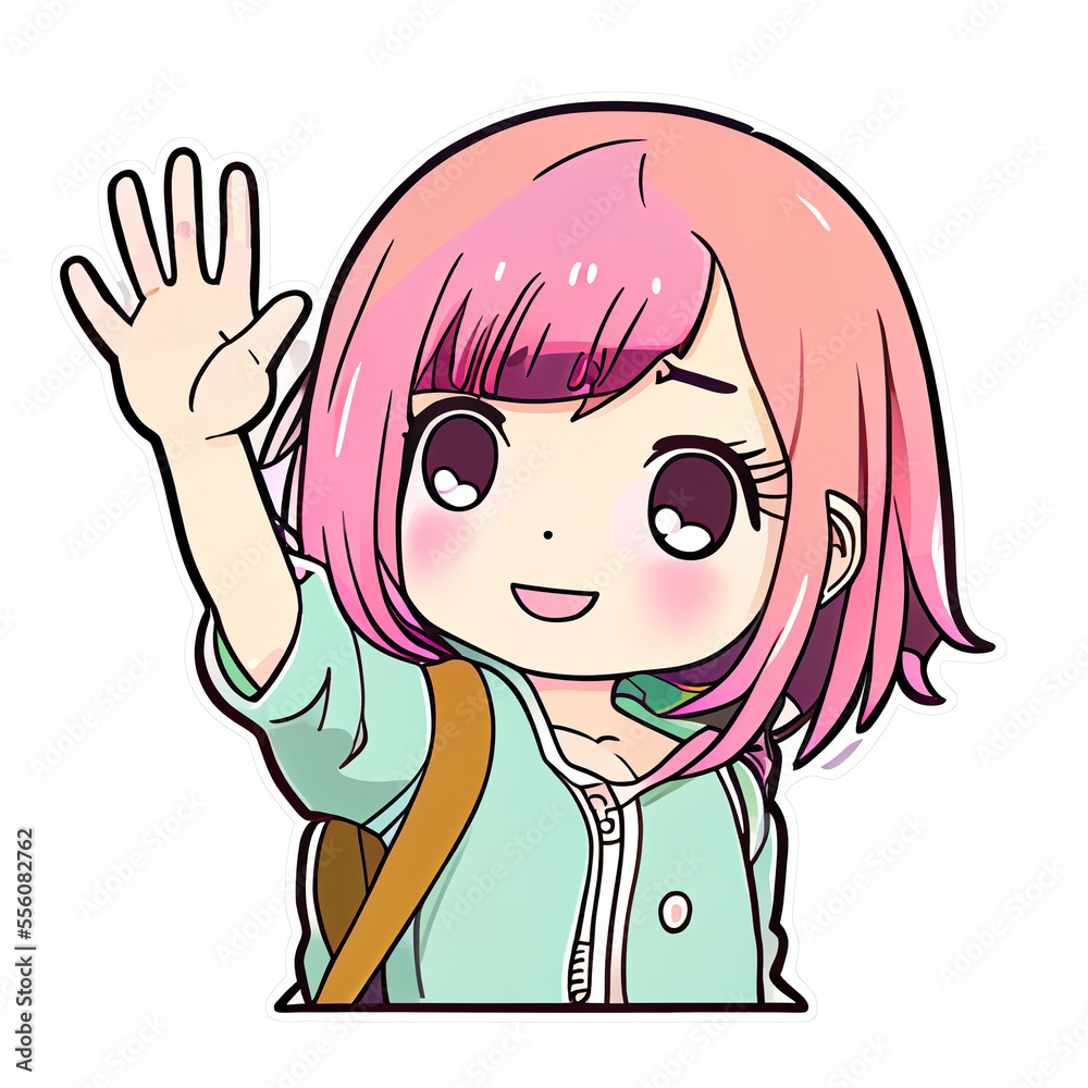 Anime girl saying hi and waving hand to greet person with smile face ...