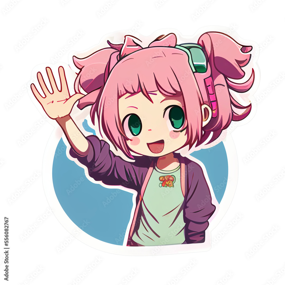 Anime girl saying hi and waving hand to greet person with smile face ...