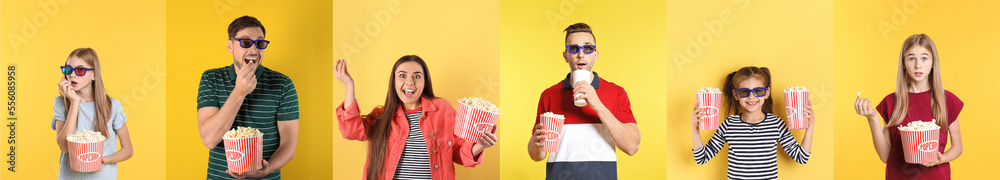 Cinema visiting. Collage with photos of different people on yellow ...