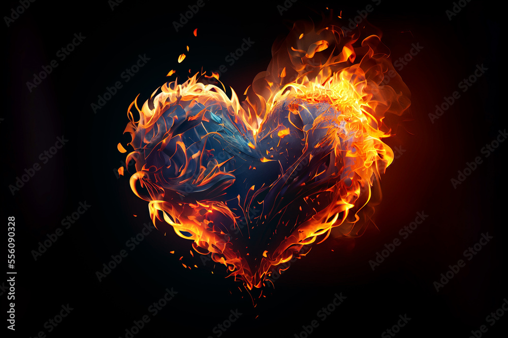 Burning heart - symbol of love. Heart made of fire, spark and smoke on ...