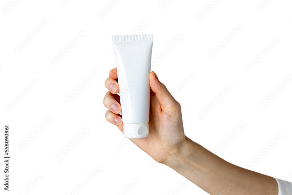 Young woman holding an empty tube of hand cream on transparent ...