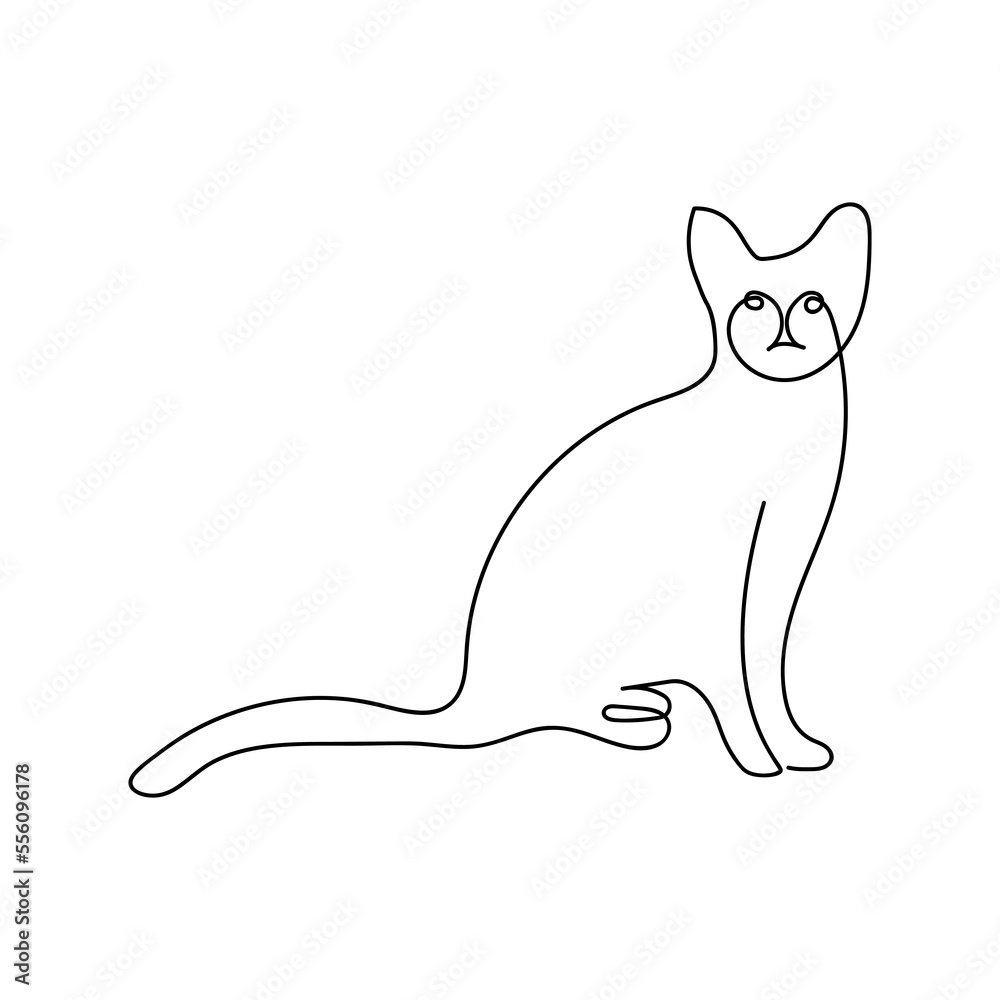 One line sitting cat. Cat continuous line drawing - cute pet sits side ...
