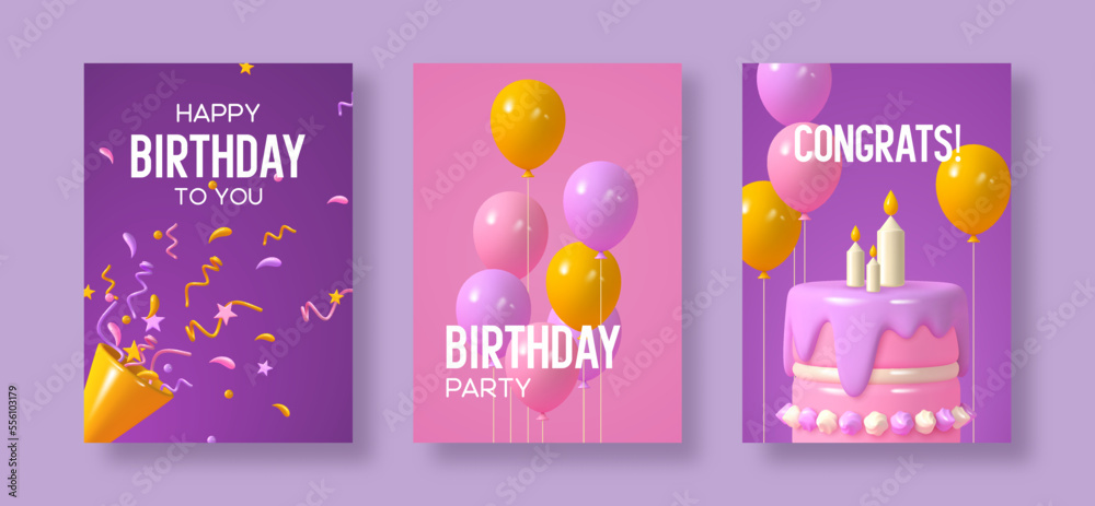 Set of birthday greeting posters with balloons, cake and confetti. Pink ...