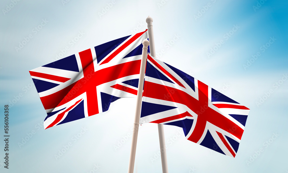 United Kingdom flag waving on sky background. 3D Rendering Stock ...