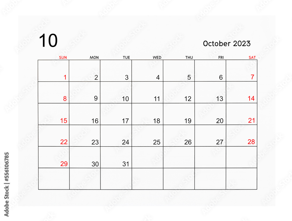 A October 2023 Calendar page isolated on white background, Saved ...
