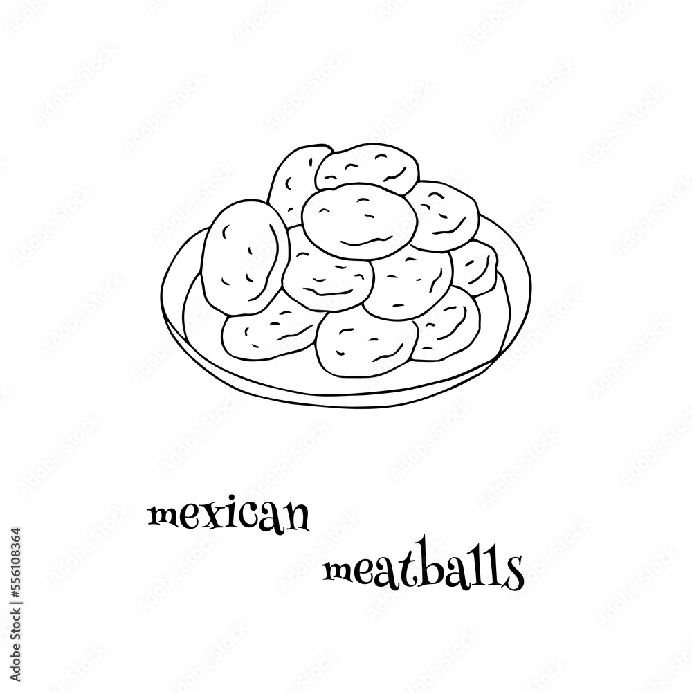 Dish with mexican meatballs black and white design isolated on white ...