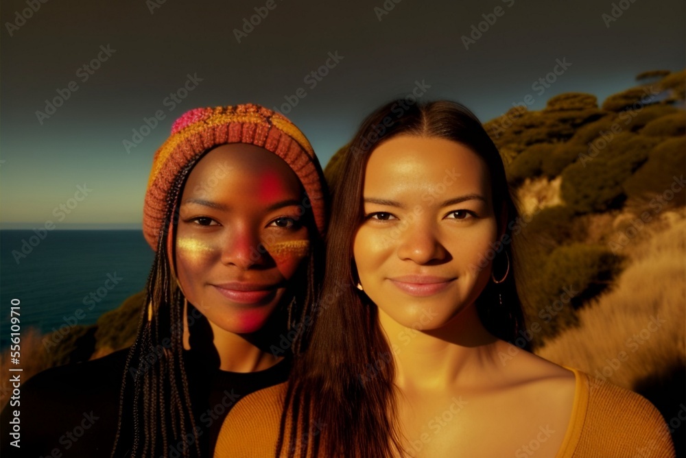 Two young women, sisters and warriors black and hispanic with face ...