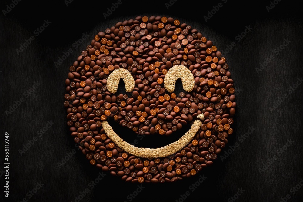 Happy Smiling Coffee Beans Icon on black table. Top View Background ...