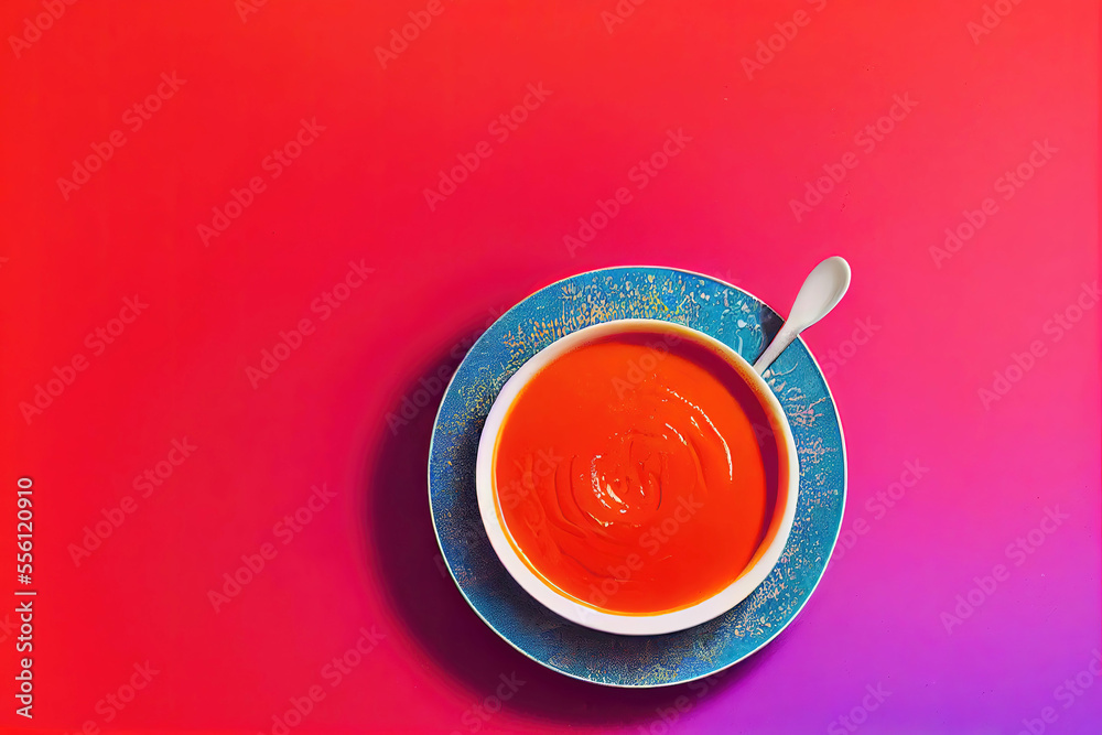 Top view of traditional tomato soup in bowl with spoon (Generative AI ...