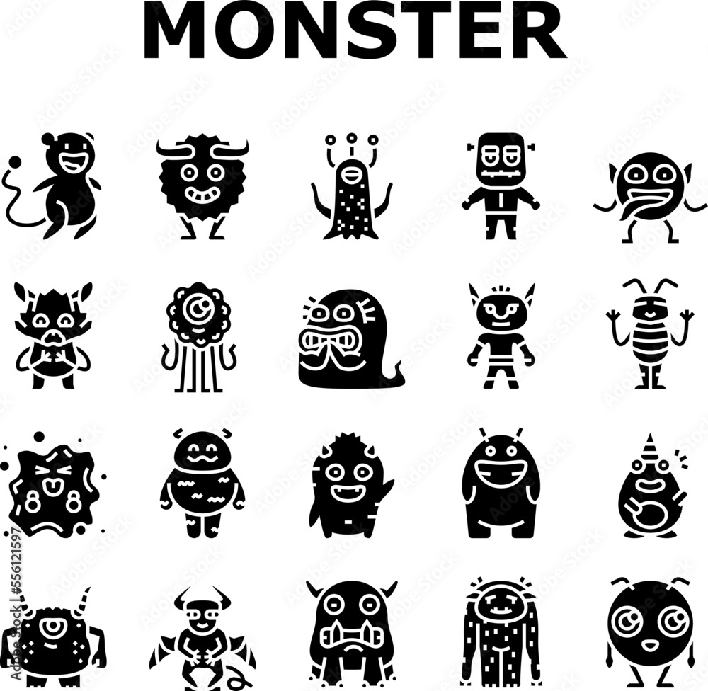 monster funny cute alien icons set vector. animal halloween, happy face ...