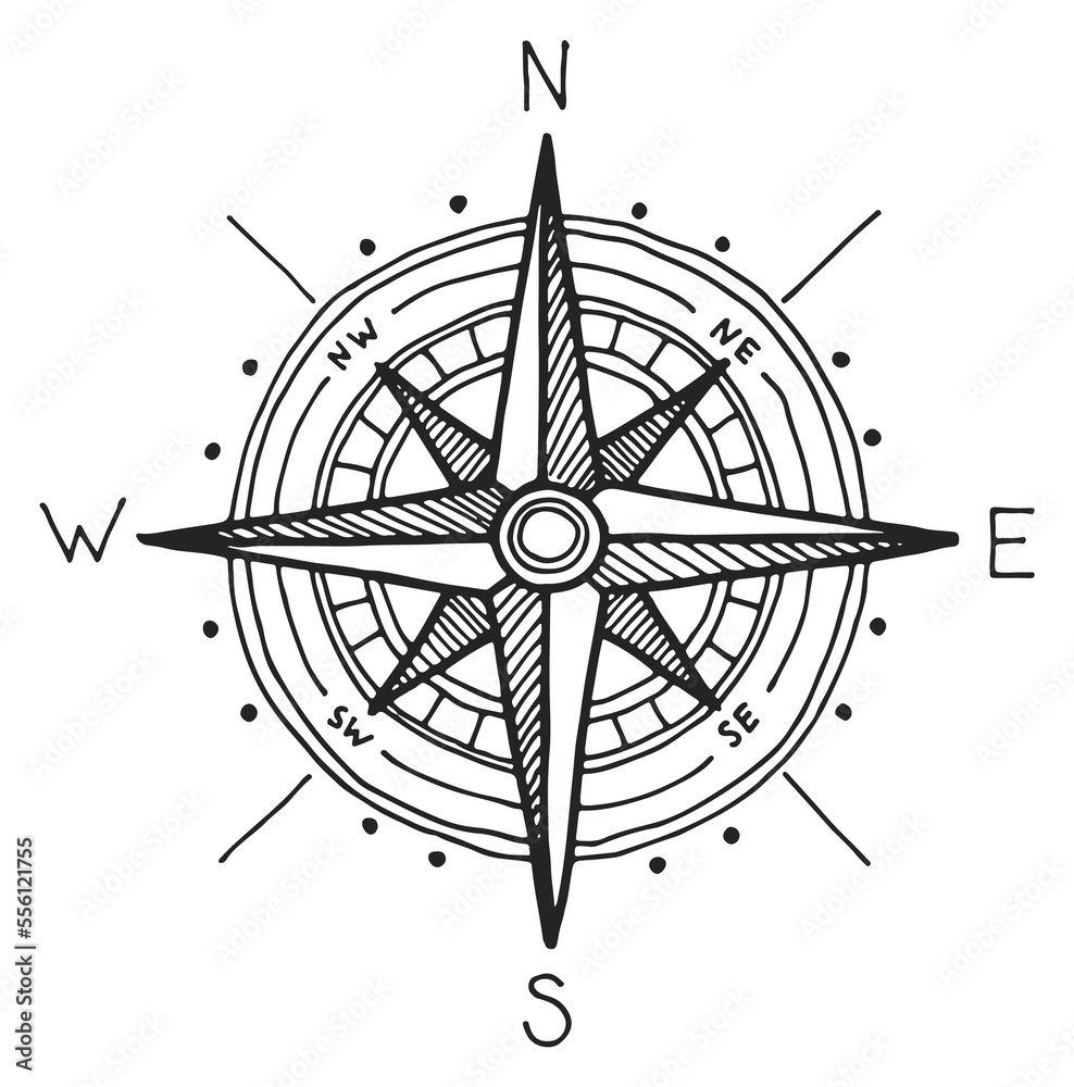 Wind rose engraving. Vintage compass star sketch Stock Illustration ...