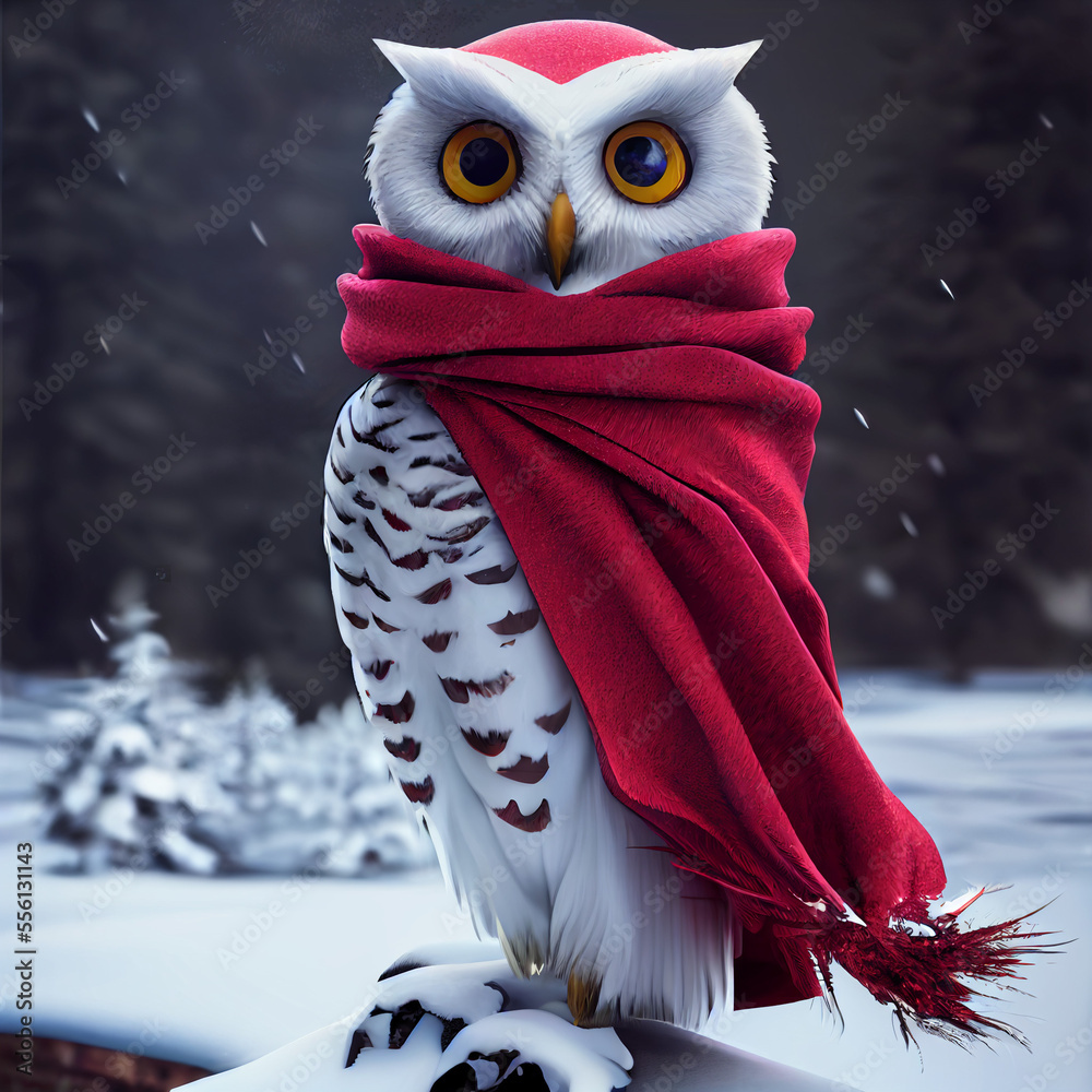 Cute Snow Owl with A Red Scarf (Generative AI) Stock Photo | Adobe Stock