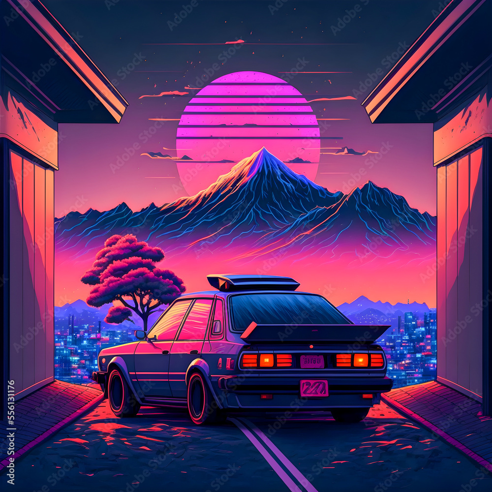 Hand drawn synthwave Japan illustration Stock Illustration | Adobe Stock