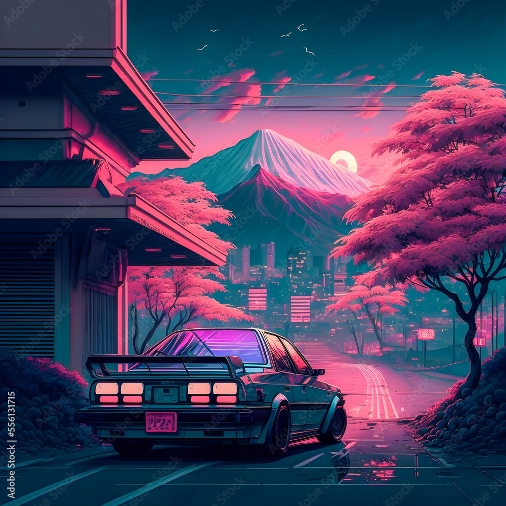 Hand drawn synthwave Japan illustration Generative AI Stock ...
