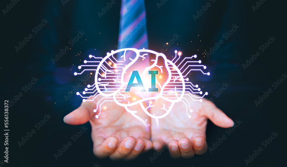 Foto de Circuit board in shape electronic brain, symbol Ai hanging over ...