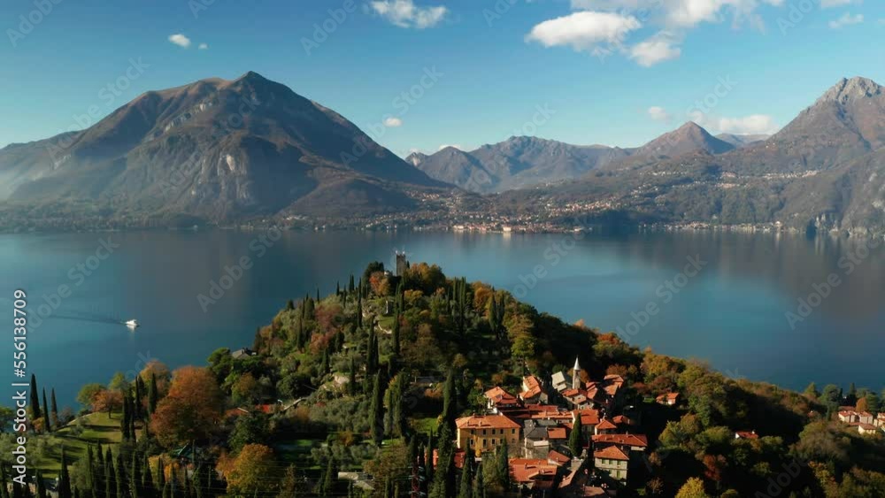 Scenic aerial view of Vezio Castle, above the Varenna town, at the ...