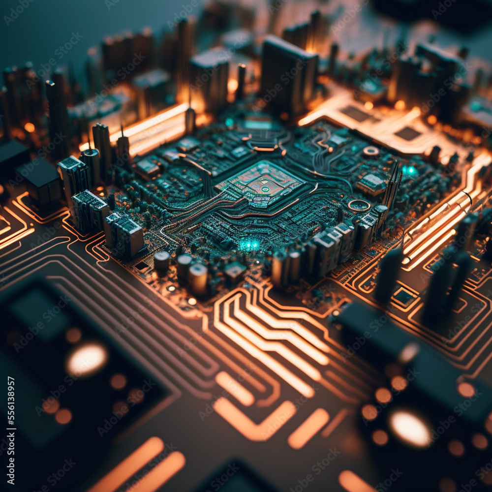 Illustration of computer circuit boards looks mini cities. Concept of ...