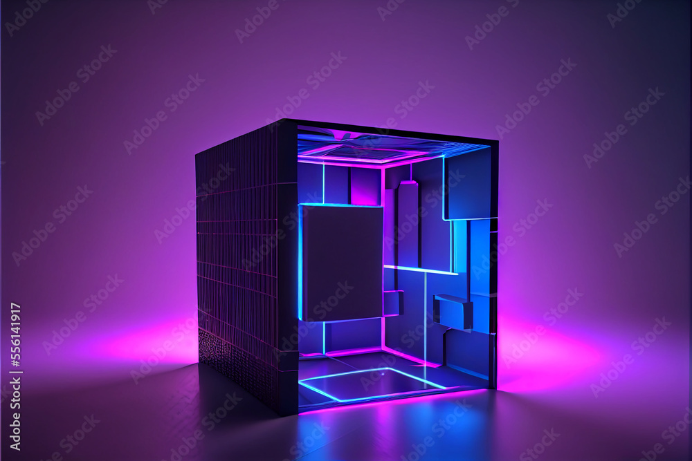 3d render, abstract background with cubic box and bright neon light ...