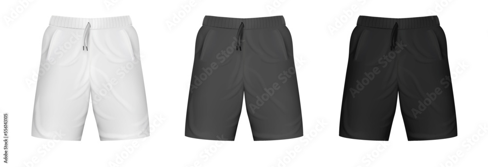 Set realistic white, gray, black shorts base cloth isolated on clean ...