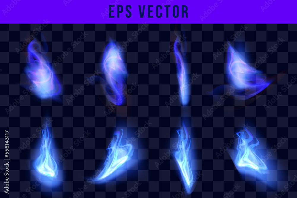 Blue fire flames realistic set of different forms and sizes on black ...