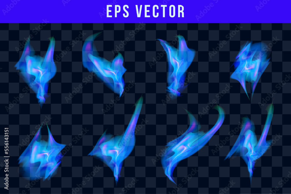 Blue fire flames realistic set of different forms and sizes on black ...