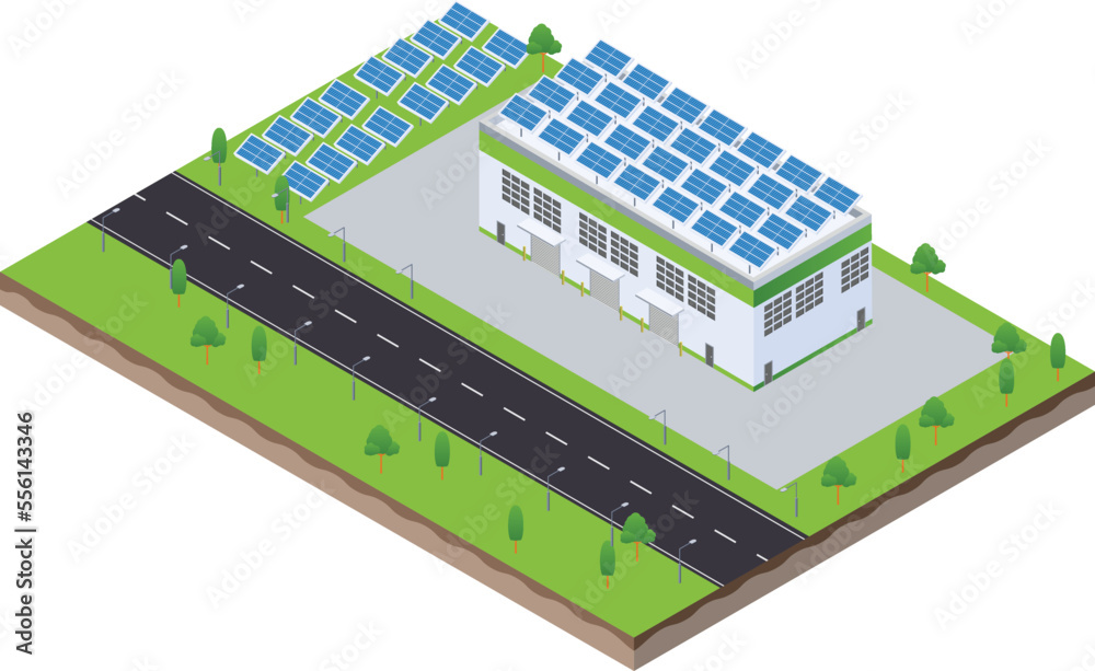 isometric scene of solar farm panels on the roof at green manufacturing ...