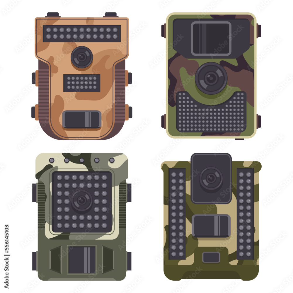 Trail camera vector cartoon set isolated on a white background. Stock ...