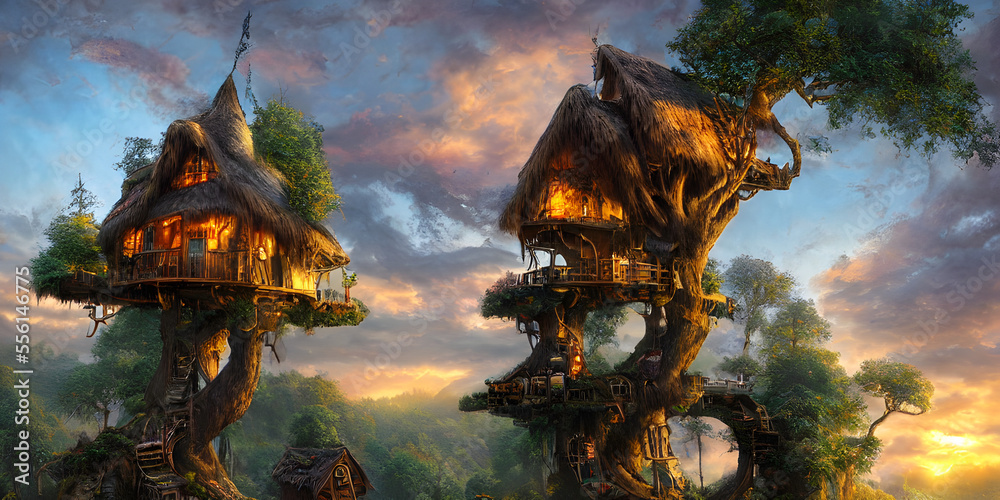 ภาพประกอบสต็อก Treehouse, valley, fairytale treehouse village covered ...