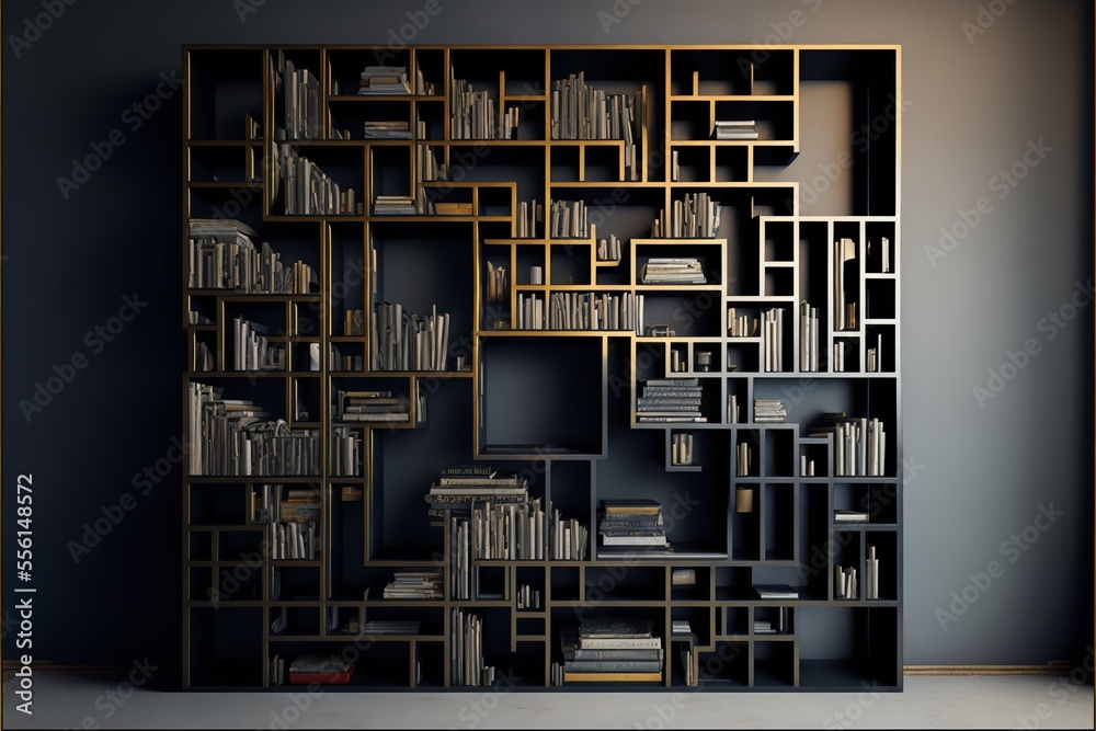 Modern library with metal book shelf interior Stock Illustration ...