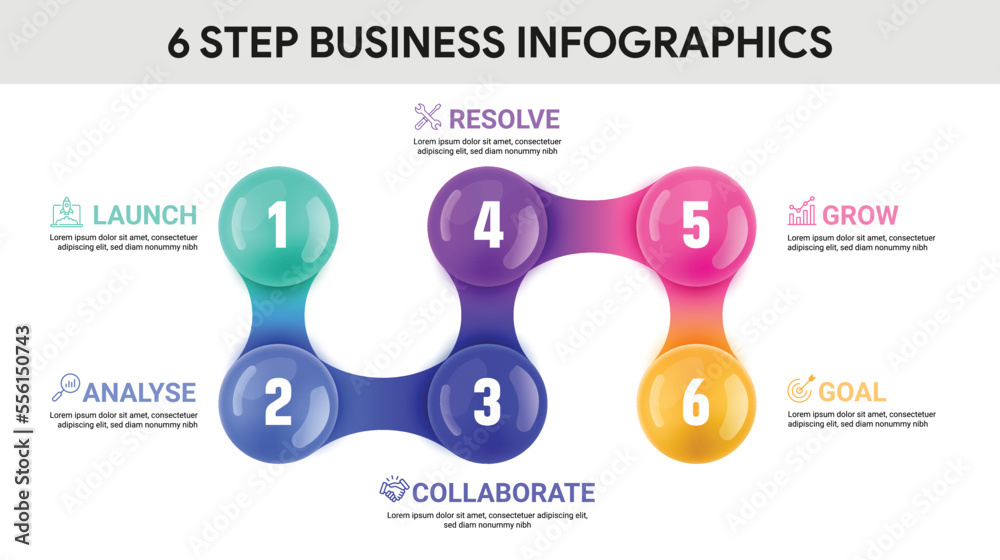Loop shaped colorful circle diagram infographics. 6 Step business ...