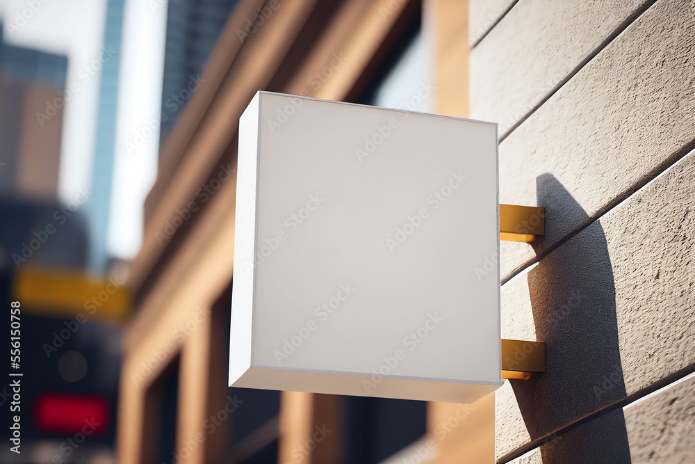 Blank square white signboard on the wall outdoor, mock up for logo ...