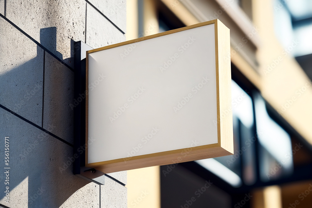 Blank square white signboard on the wall outdoor, mock up for logo ...