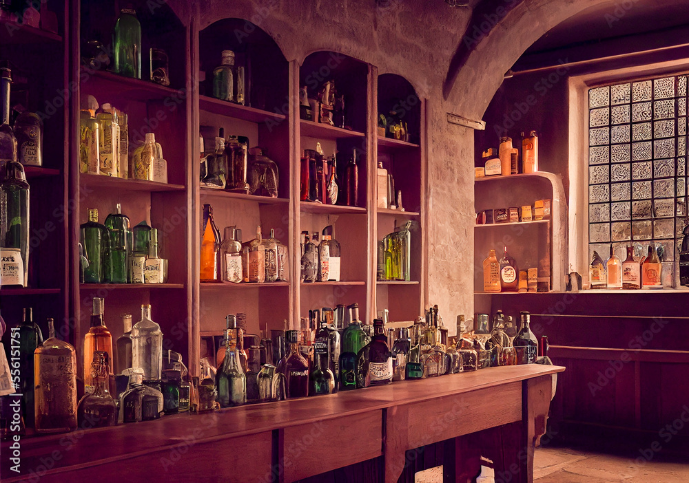Medieval pharmacy store. Alchemical workplace with many bottles, ai ...