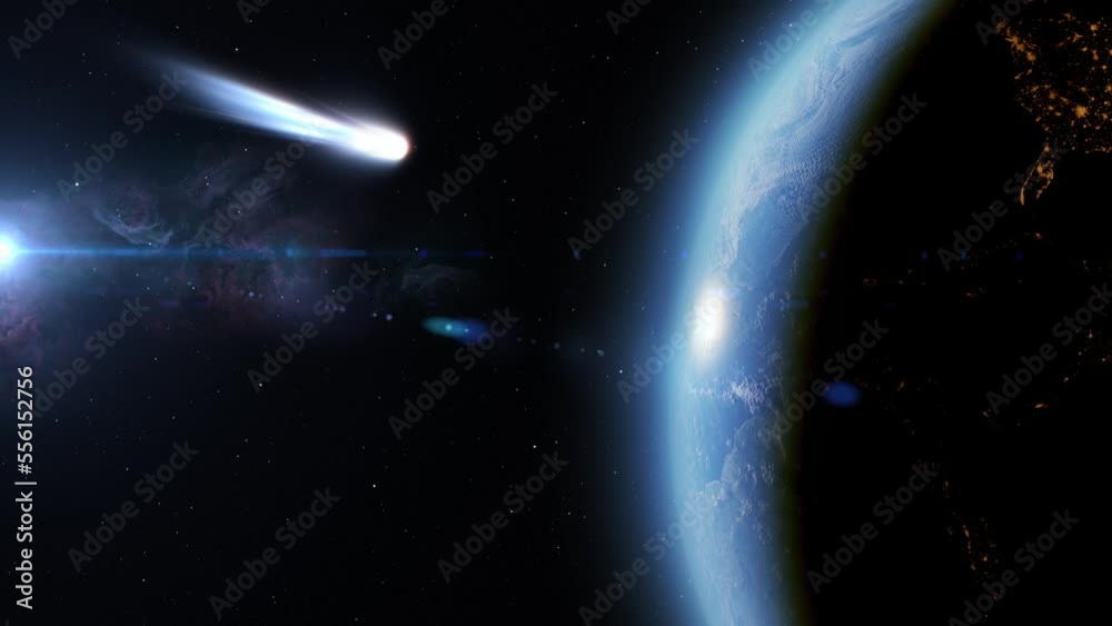 Large white blue comet very close to impact earth, Outer space view ...