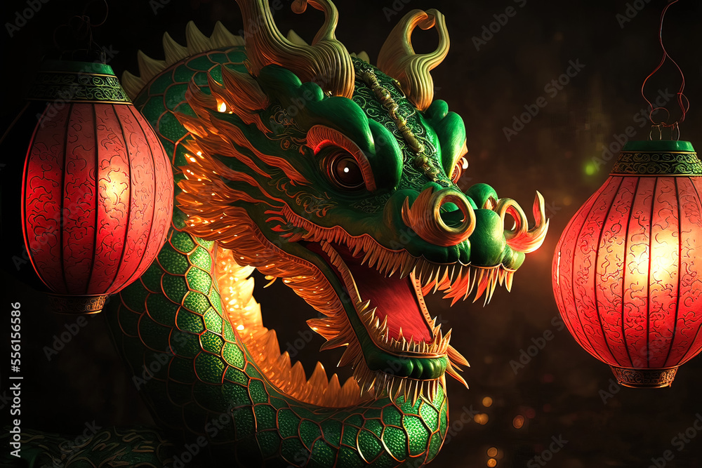 Fantasy chinese dragon lantern on magical dark background. Generative ...