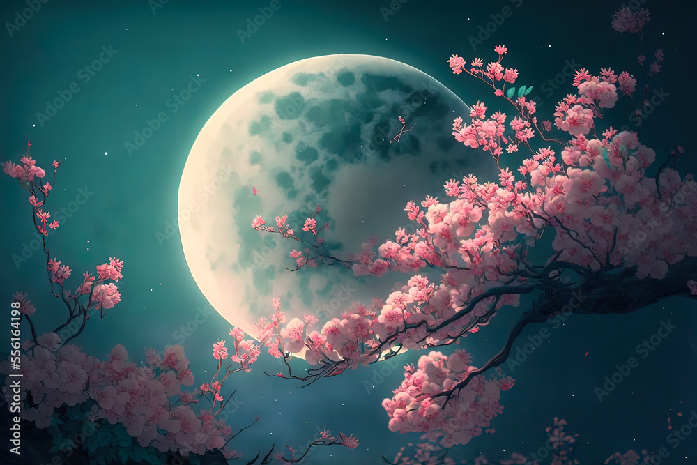 Fantasy Cherry Blossom Sakura Flowers In Night Skies With Full Moon