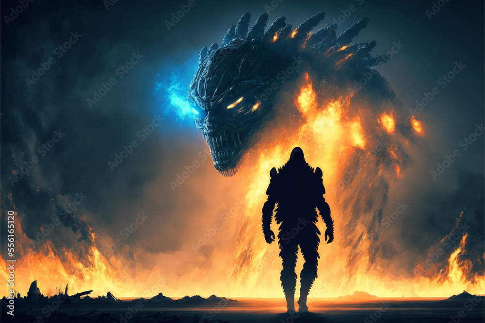 An epic warrior and his dragon. Huge fire dragon behind a man dressed ...