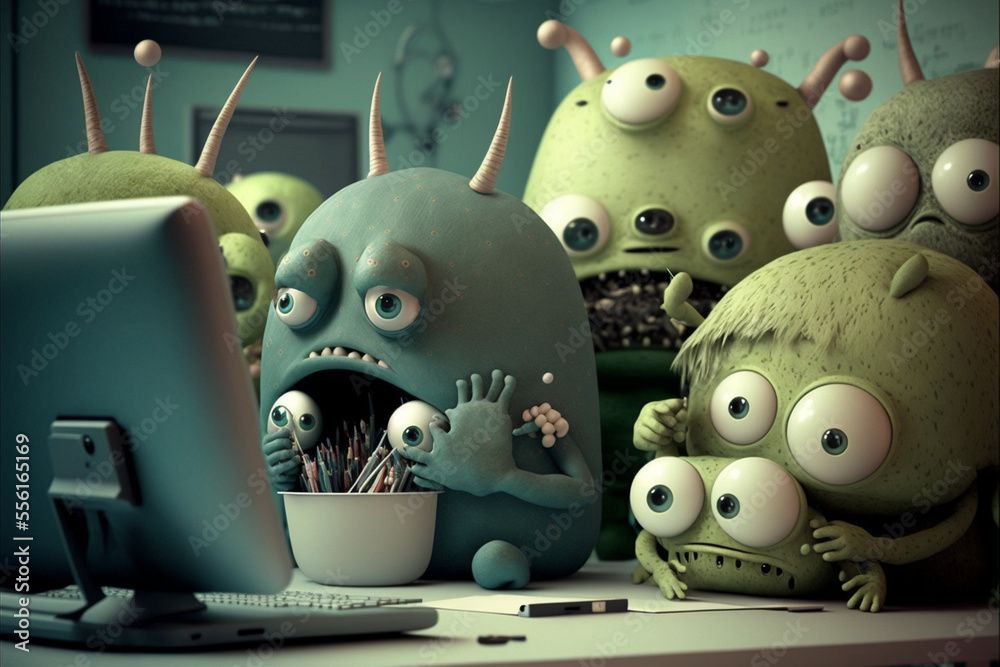 Group of cute little baby alien monsters working and crafting. Colorful ...