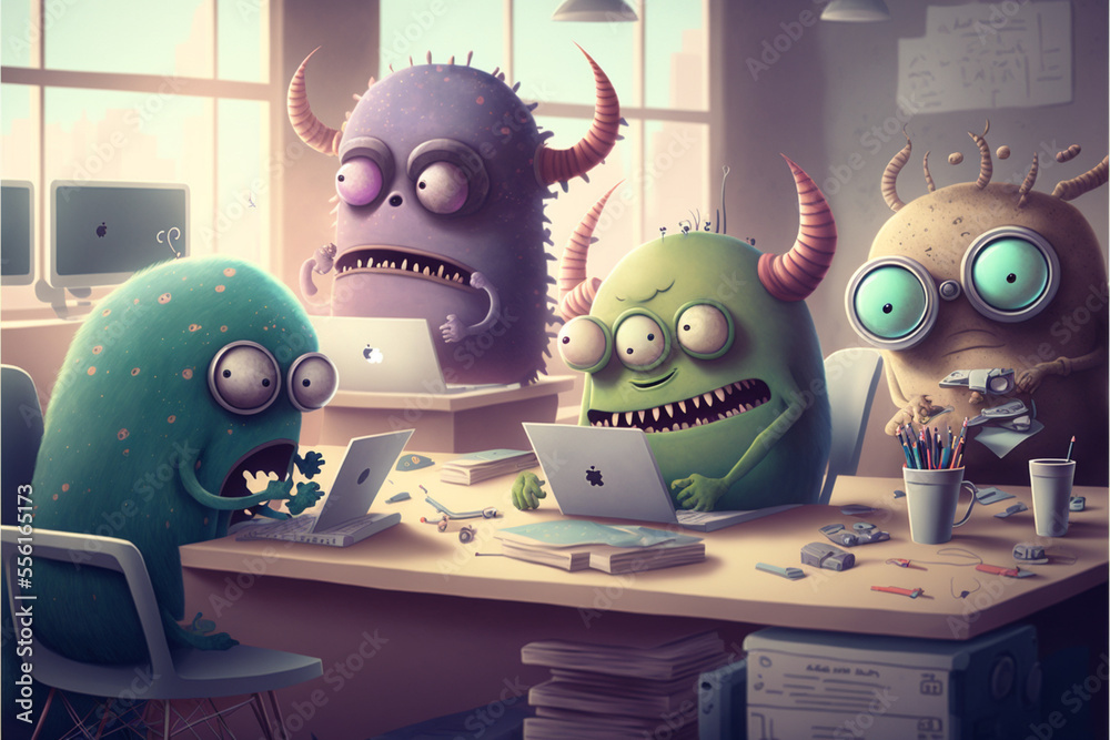 Group of cute little baby alien monsters working and crafting. Colorful ...